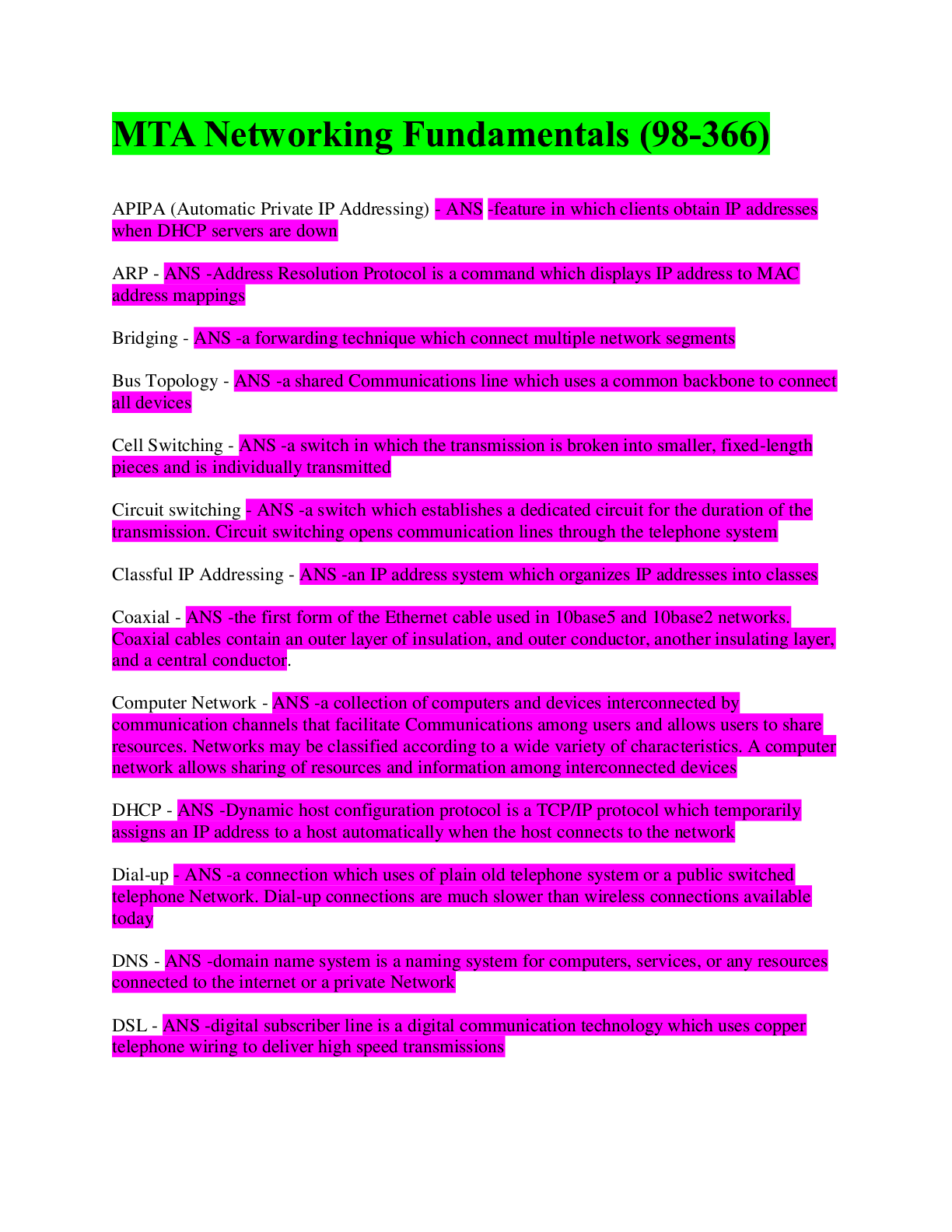 MTA Networking Fundamentals (98-366) | 2022 100% VERIFIED ANSWERS - Scholarfriends